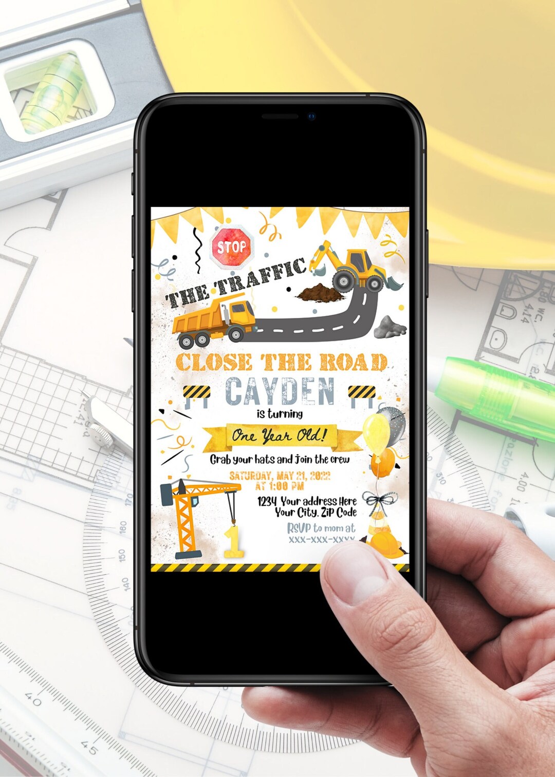 Cute Construction Birthday Design Digital Invitation - Etsy