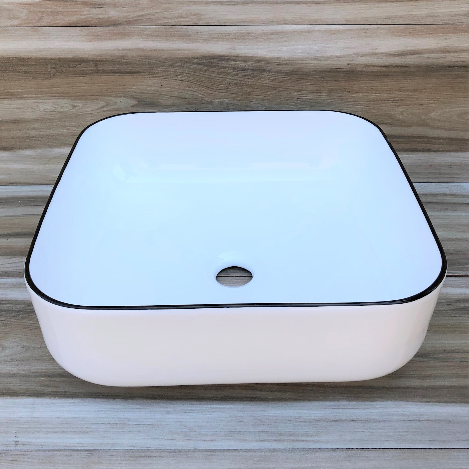 White Square Vessel Sink | Countertop White Basin | White Black Stripe ...