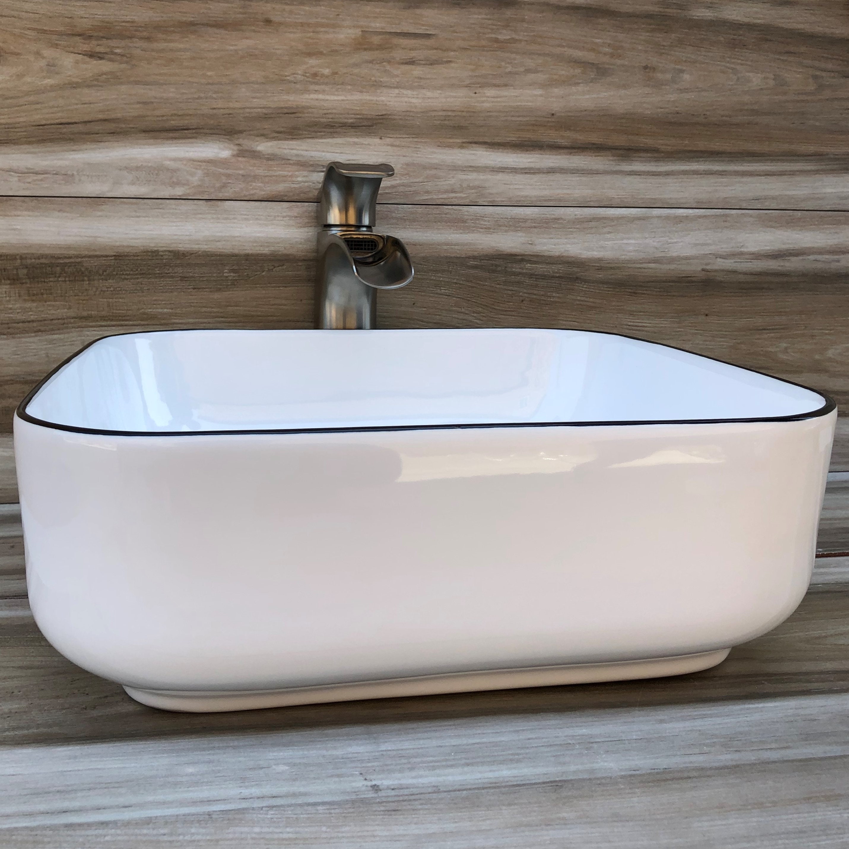 White Square Vessel Sink | Countertop White Basin | White Black Stripe ...