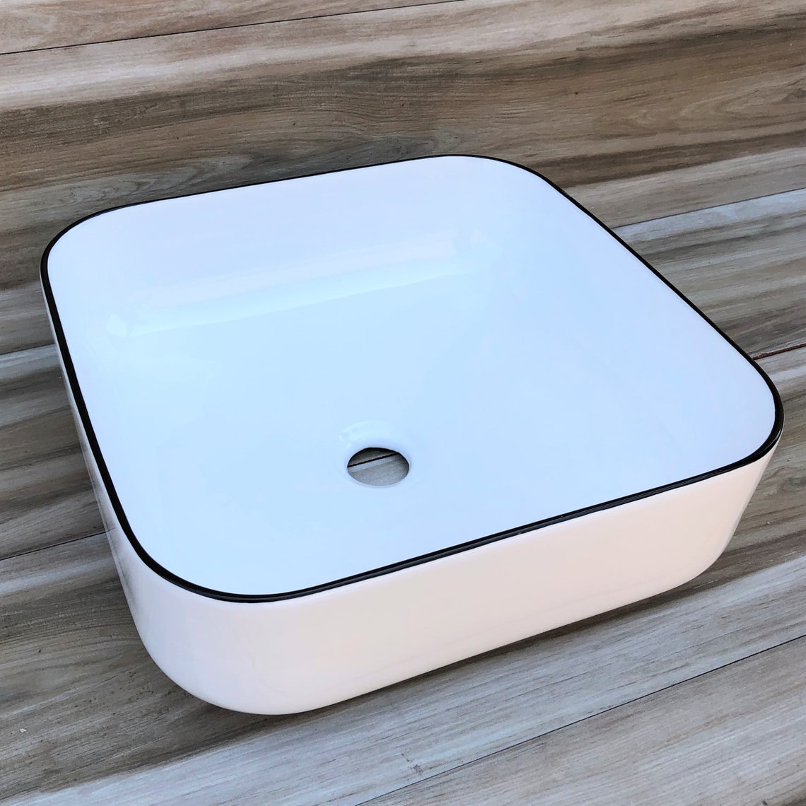 White Square Vessel Sink | Countertop White Basin | White Black Stripe ...