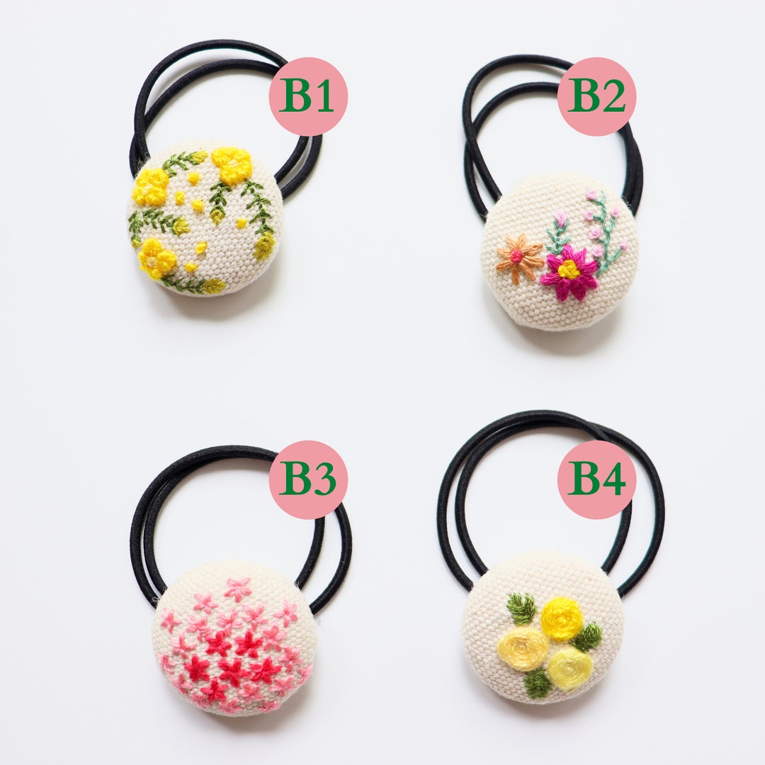Embroidered Floral Button Hair Tie, Kawaii Linen Hair Accessory, Flower ...