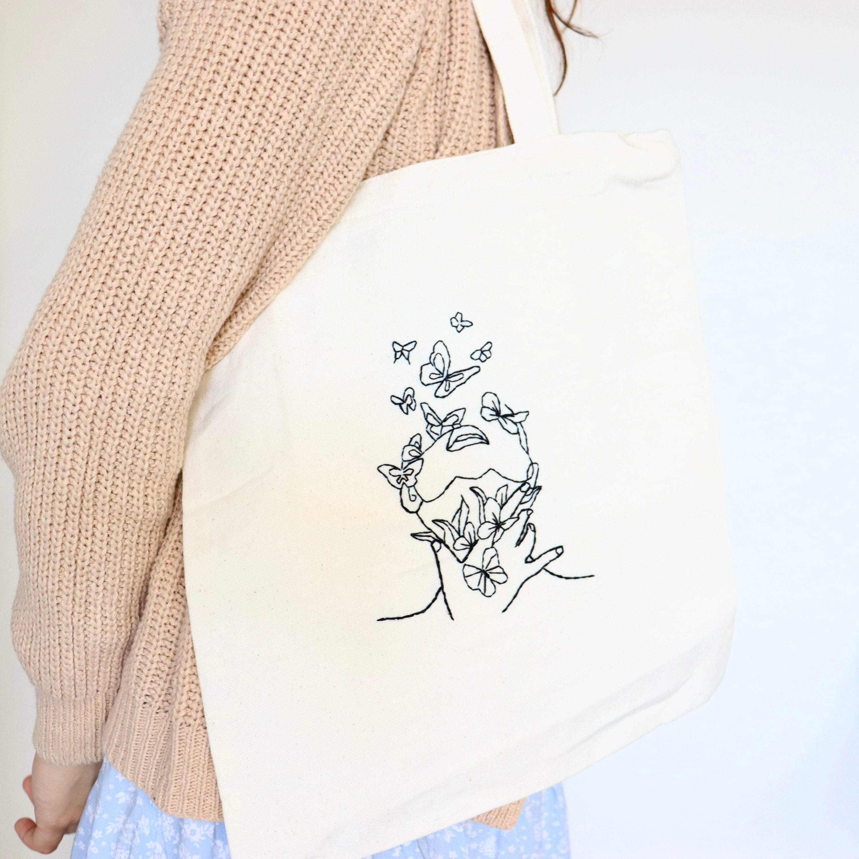 Illustrated Woman Face Embroidered Tote Bag Abstract Face | Etsy UK