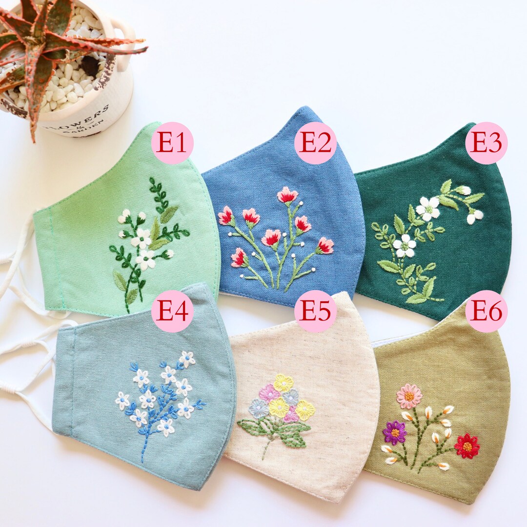 Hand Embroidered Face Mask on Linen, Reusable Soft Fabric, Adjustable ...