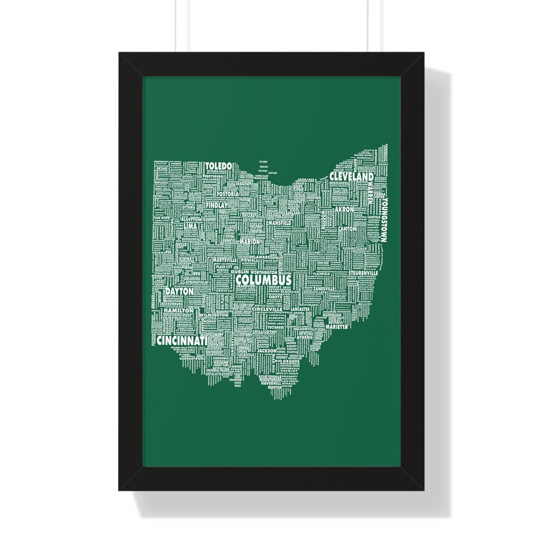 Ohio Typography Map Wall Art Framed - Every Town and City Name in the ...