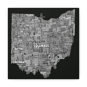 Ohio Typography Map Wall Art Canvas- Every Town and City Name in the ...
