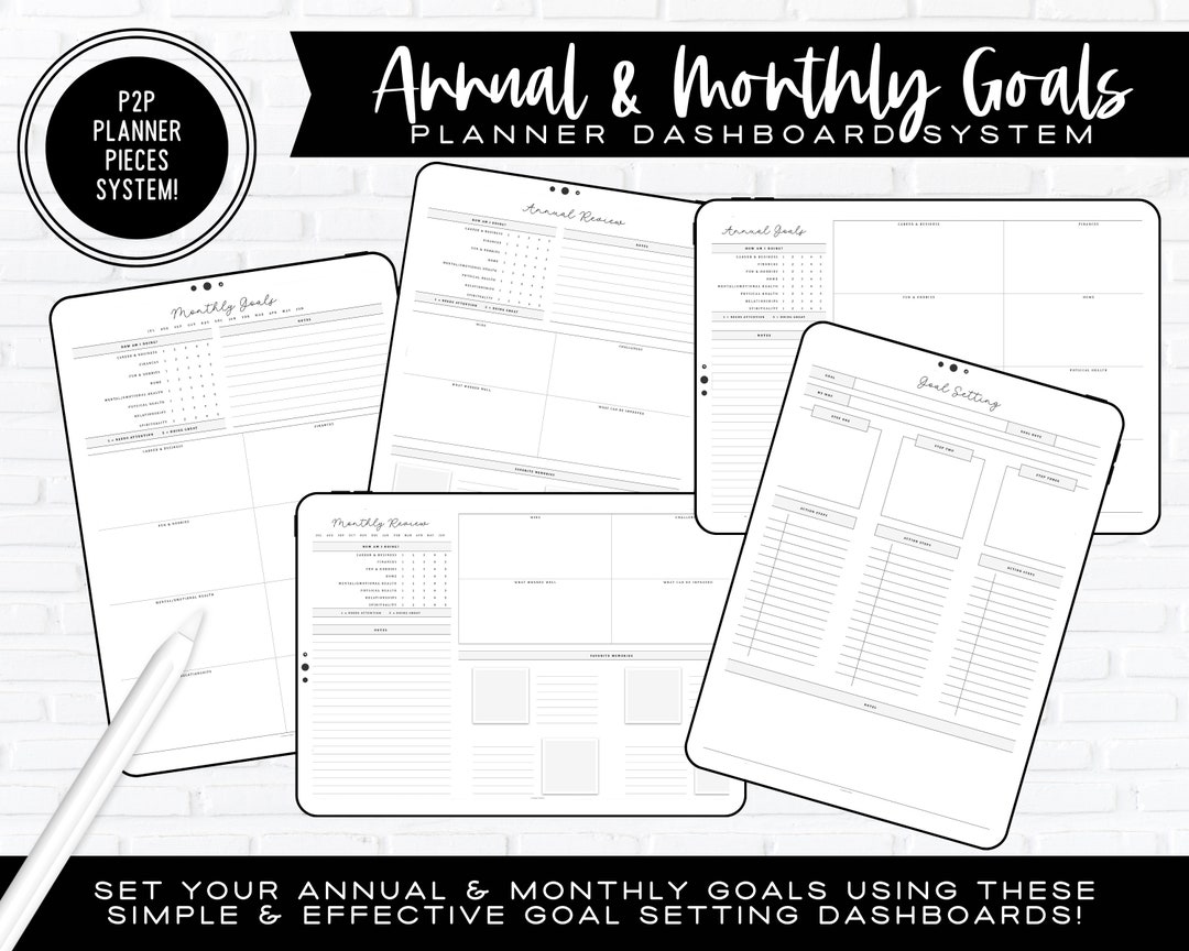Annual & Monthly Goal Setting Dashboards | P2P Planner Pieces System ...