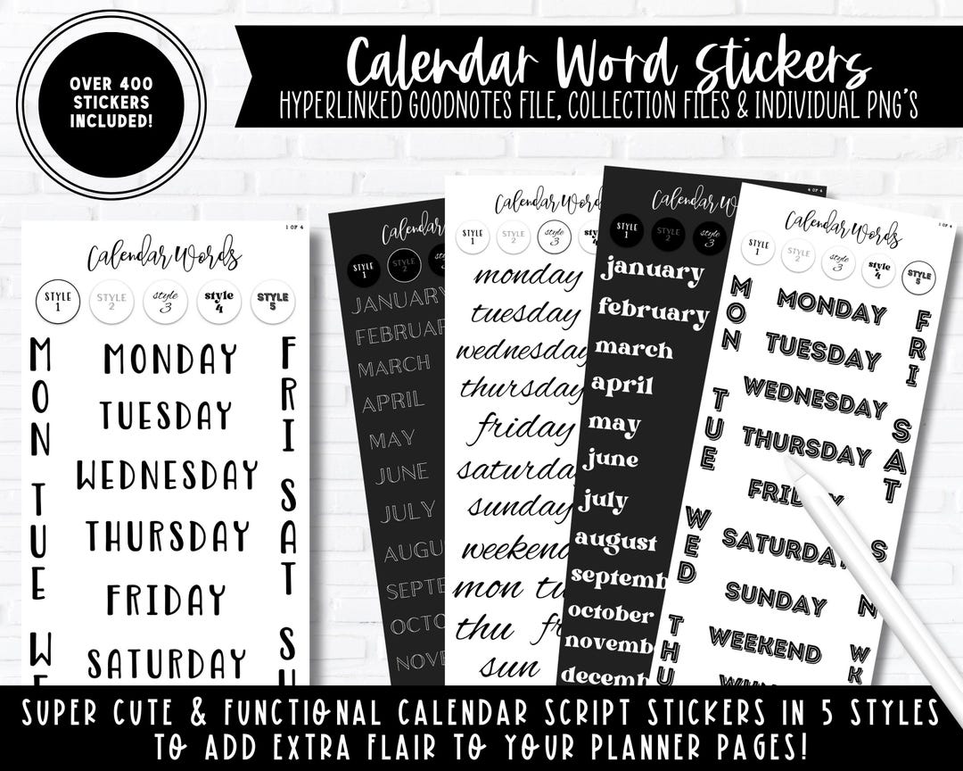 Calendar Words V1 Digital Stickers | Digital Planning | Split Screen ...