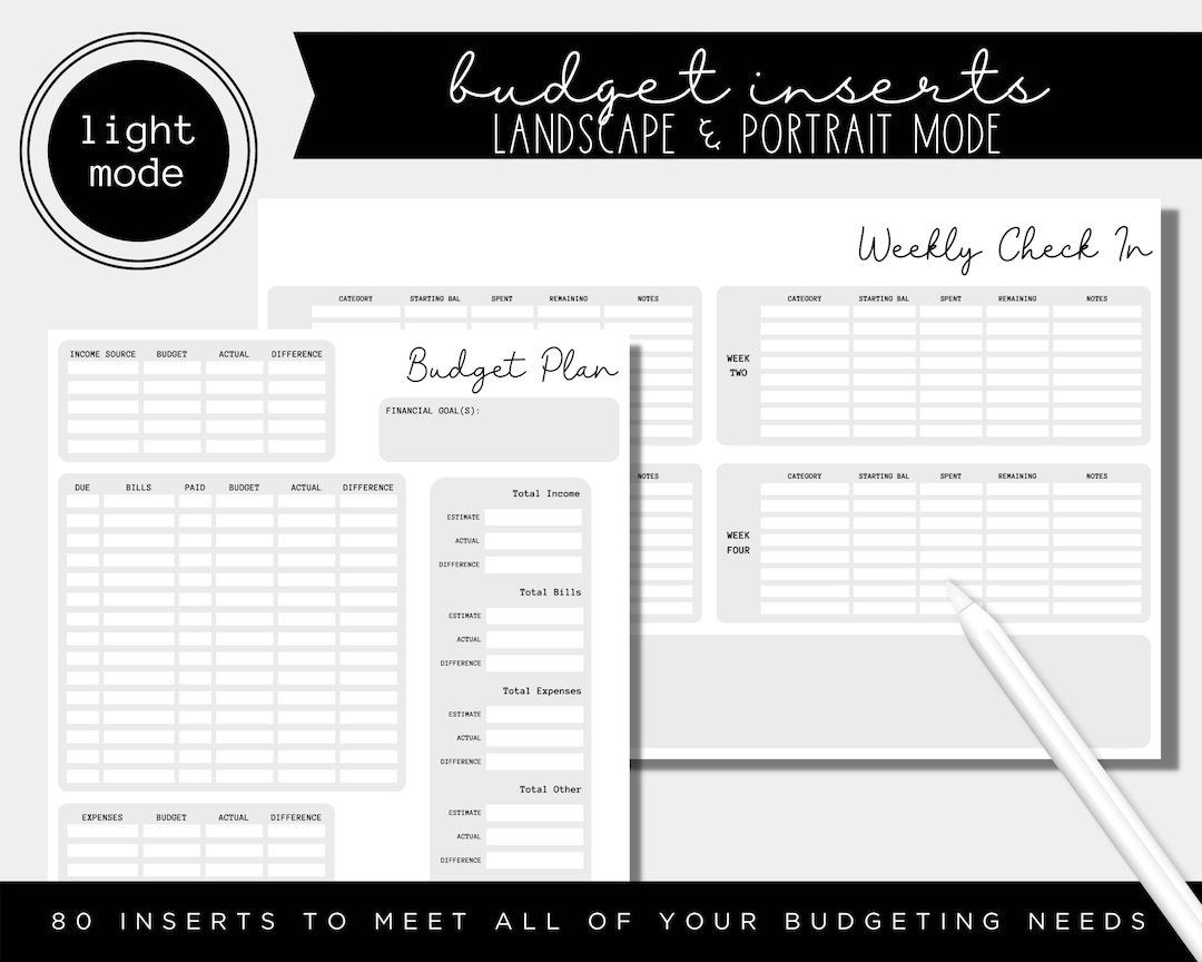 Light Mode Digital Budget Inserts | 80 Worksheets Included in Both ...