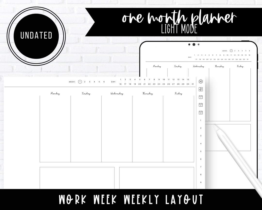 Undated Work Week Weekly Layout Light Mode One Month Digital Planner ...