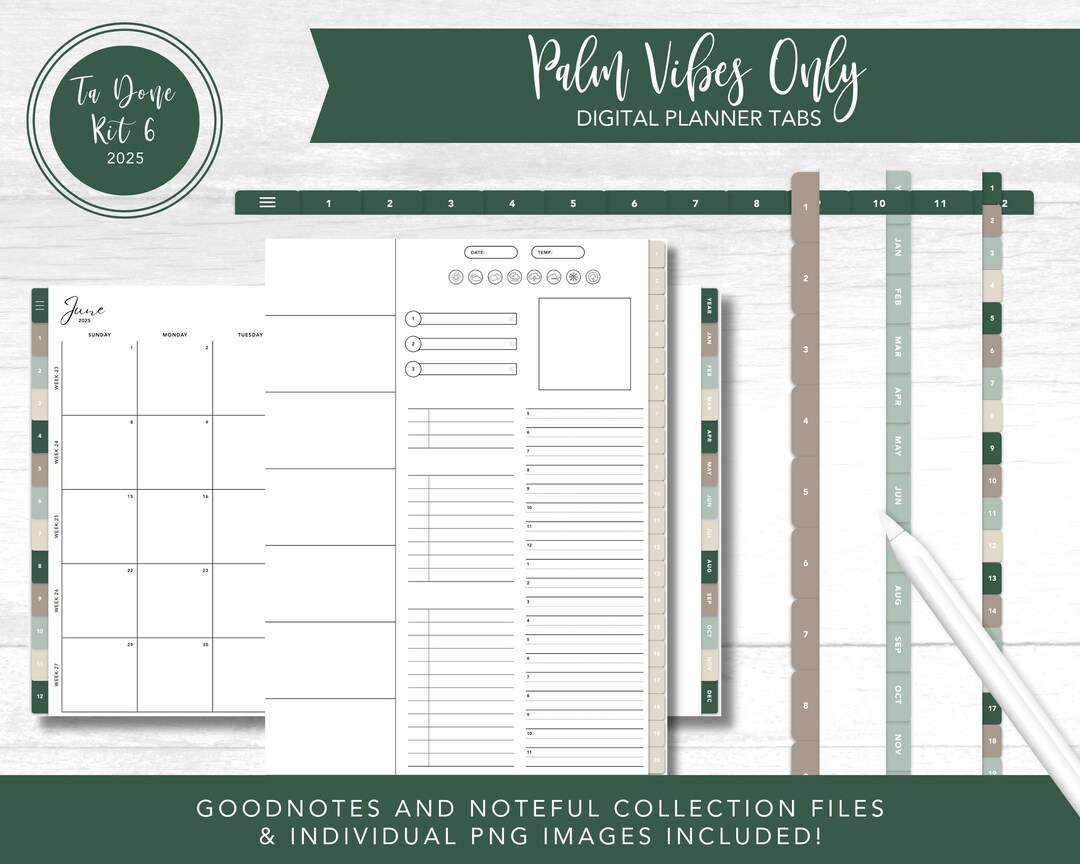 2025 Ta Done Kit 6 Digital Planner Tabs | Palm Vibes Only | Goodnotes ...