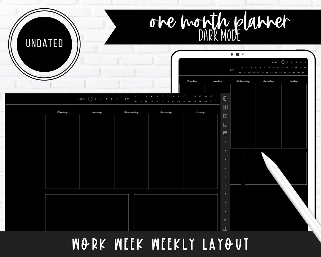 Undated Work Week Weekly Layout Dark Mode One Month - Etsy