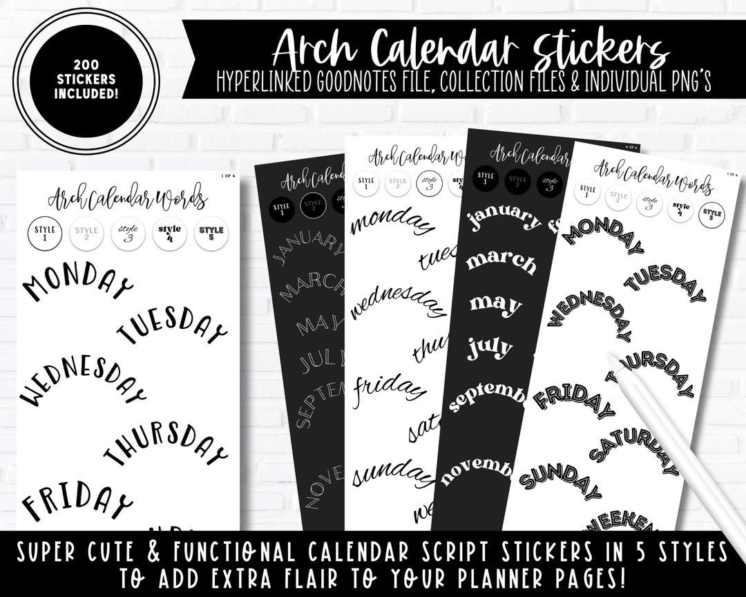 Arch Calendar Words Digital Stickers | Digital Planning | Split Screen ...