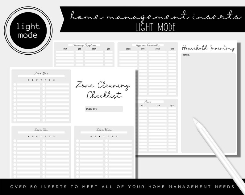 Home Management Digital Planner Inserts | Light Mode | Over 50 Inserts ...