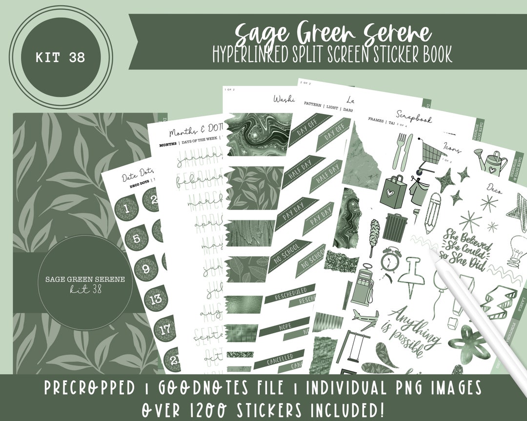 Kit 38 Digital Sticker Book Sage Green Serene Over 1200 Stickers Pre ...