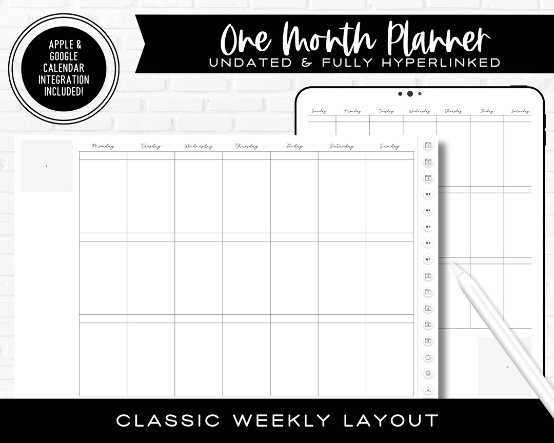 One Month Digital Planner | Classic Weekly Layout | Undated & Fully ...