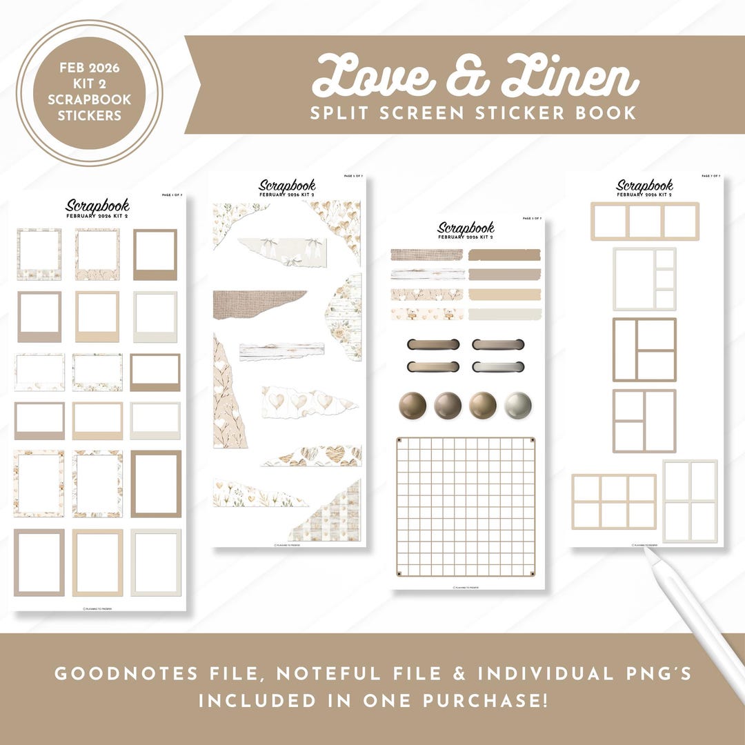 February 2026 Kit 2 Scrapbook Stickers | Love & Linen | Split Screen ...