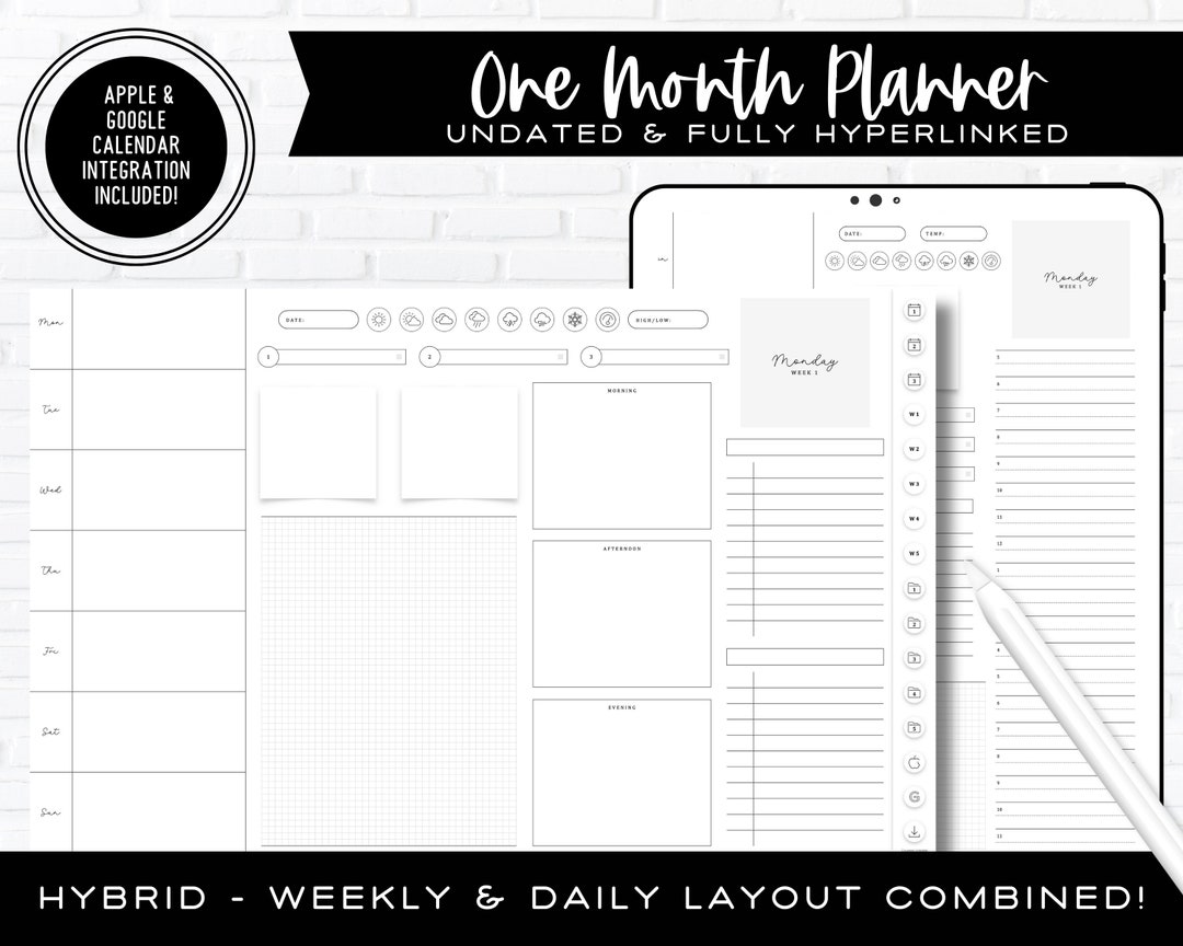 One Month Digital Planner | Hybrid Weekly + Daily Layout | Undated ...