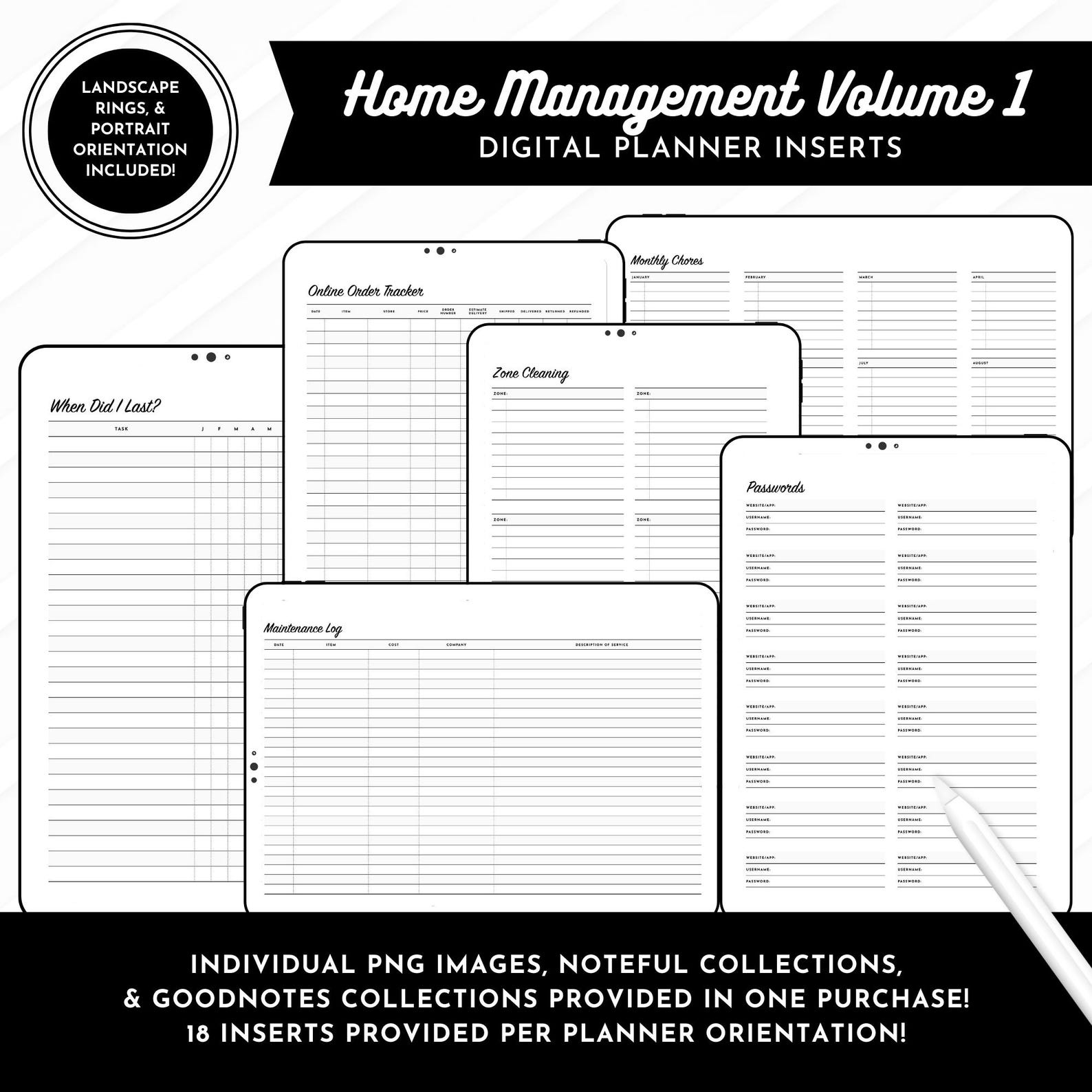 Home Management V1 Planner Inserts | Portrait + Landscape + Ringed ...