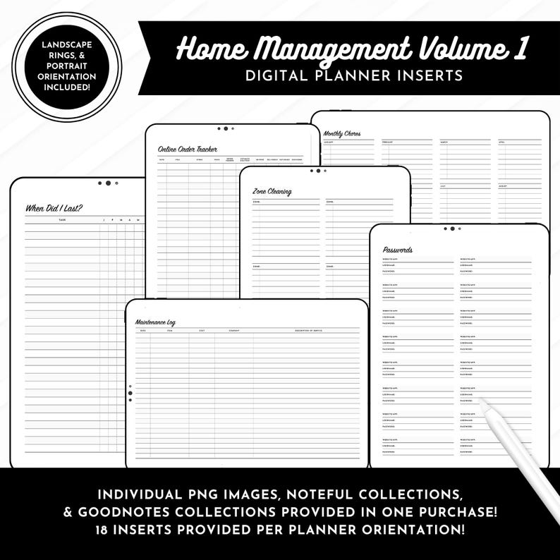 Home Management V1 Planner Inserts | Portrait + Landscape + Ringed ...