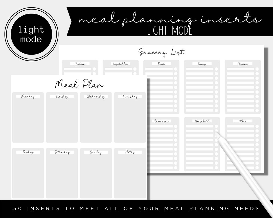Light Mode Digital Meal Planning Inserts | Over 50 Inserts Included in ...
