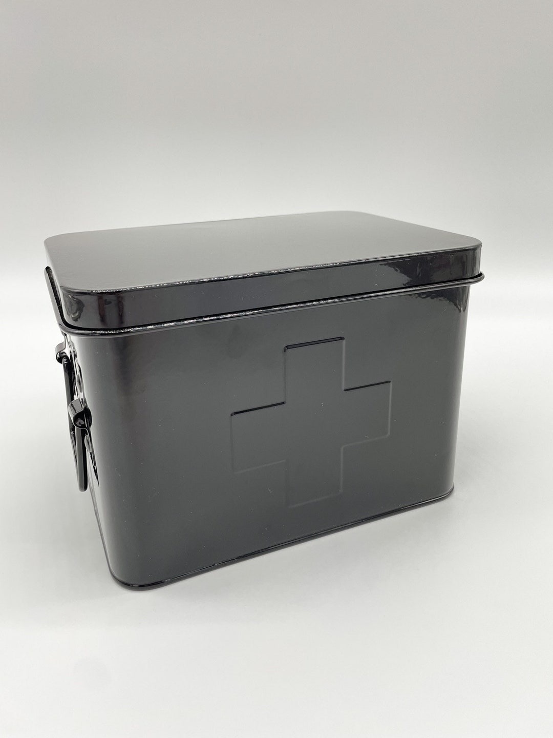 Black Embossed Metal First Aid Kit With Compartments, Vintage Antique ...