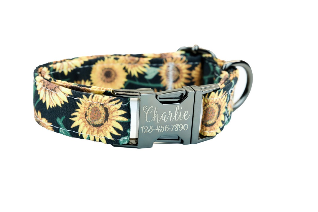 Sunflower Dog Collar W/ Metal Buckle, HAND MADE , Custom Engraved ...