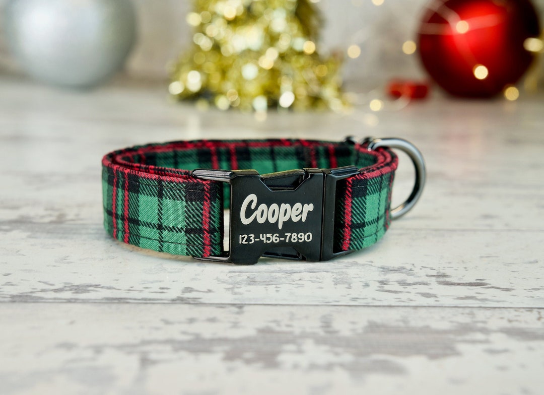 Green Plaid Dog Collar W/ Metal Buckle, HAND MADE , Custom Engraved ...