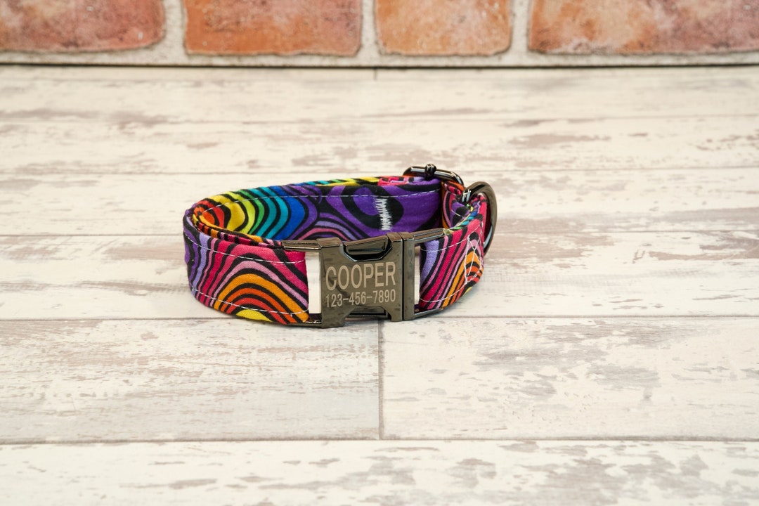 Colorful Swirls Dog Collar, Laser Engraved Metal Buckle, Quick Release ...