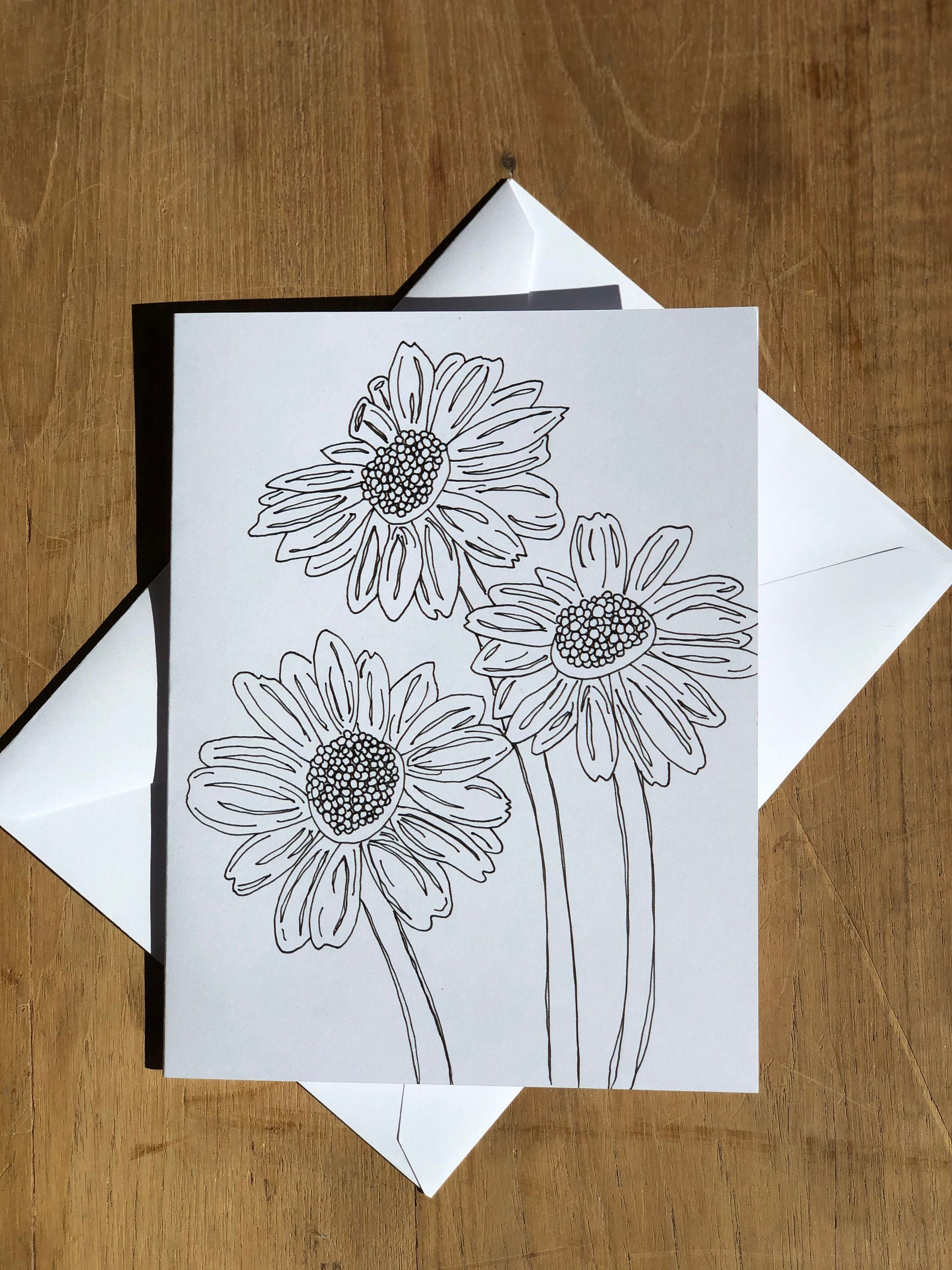 Flower Greeting Card Hand Drawn with Personalized Envelope Freehand ...