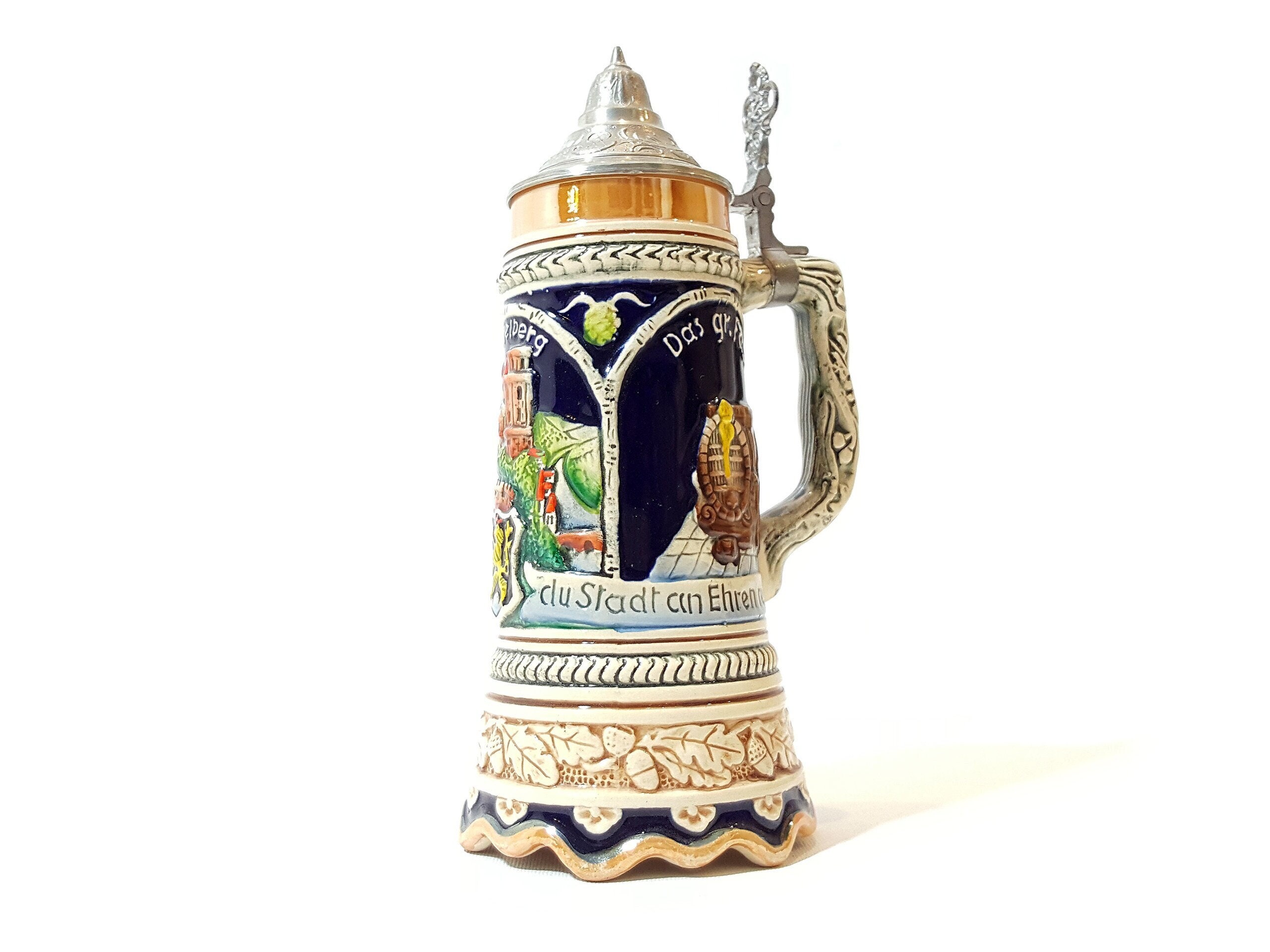 Vintage German Beer Stein With Pewter Lid, Ceramic 'heidelberg' Relief ...