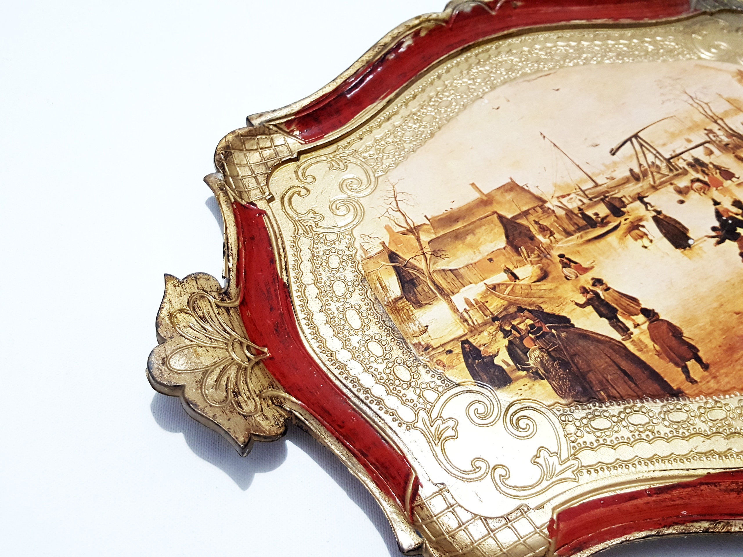 XL Vintage Florentine Italy Wood Tray, Red & Gold Italian Wooden ...