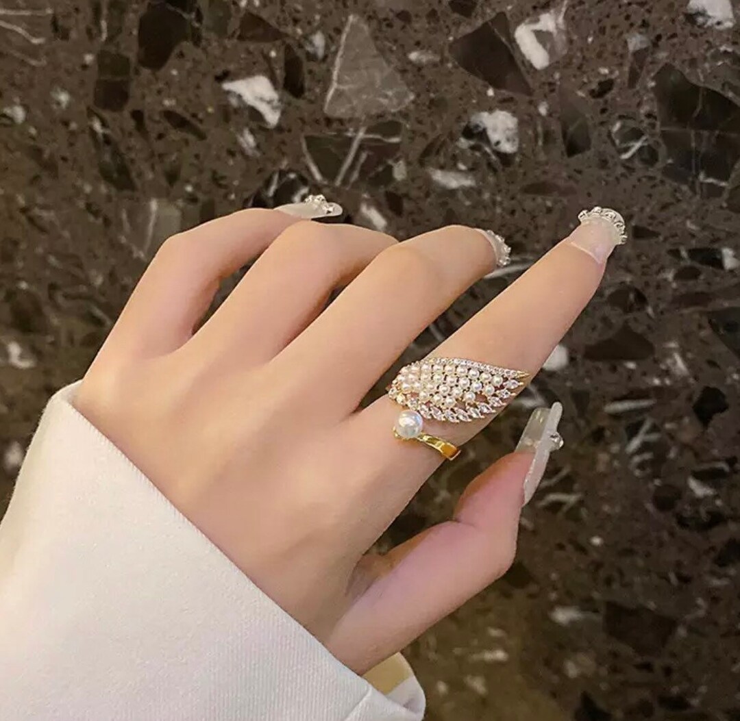 Ring for Gift | Pearl Zircon Wing Shape Gold Rings | Adjustable Ring ...
