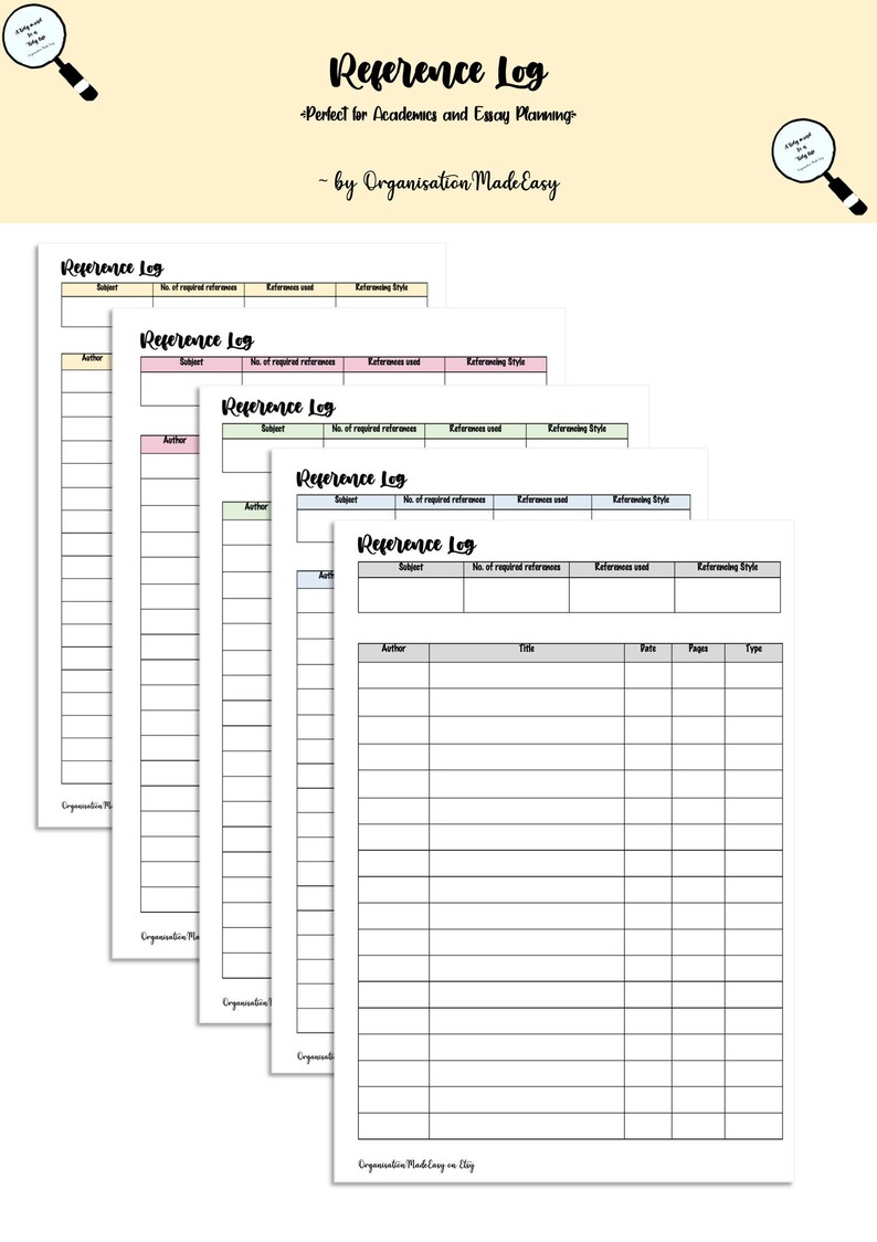 Reference Log/planner Digital Printable Essay/dissertation Organiser - Etsy
