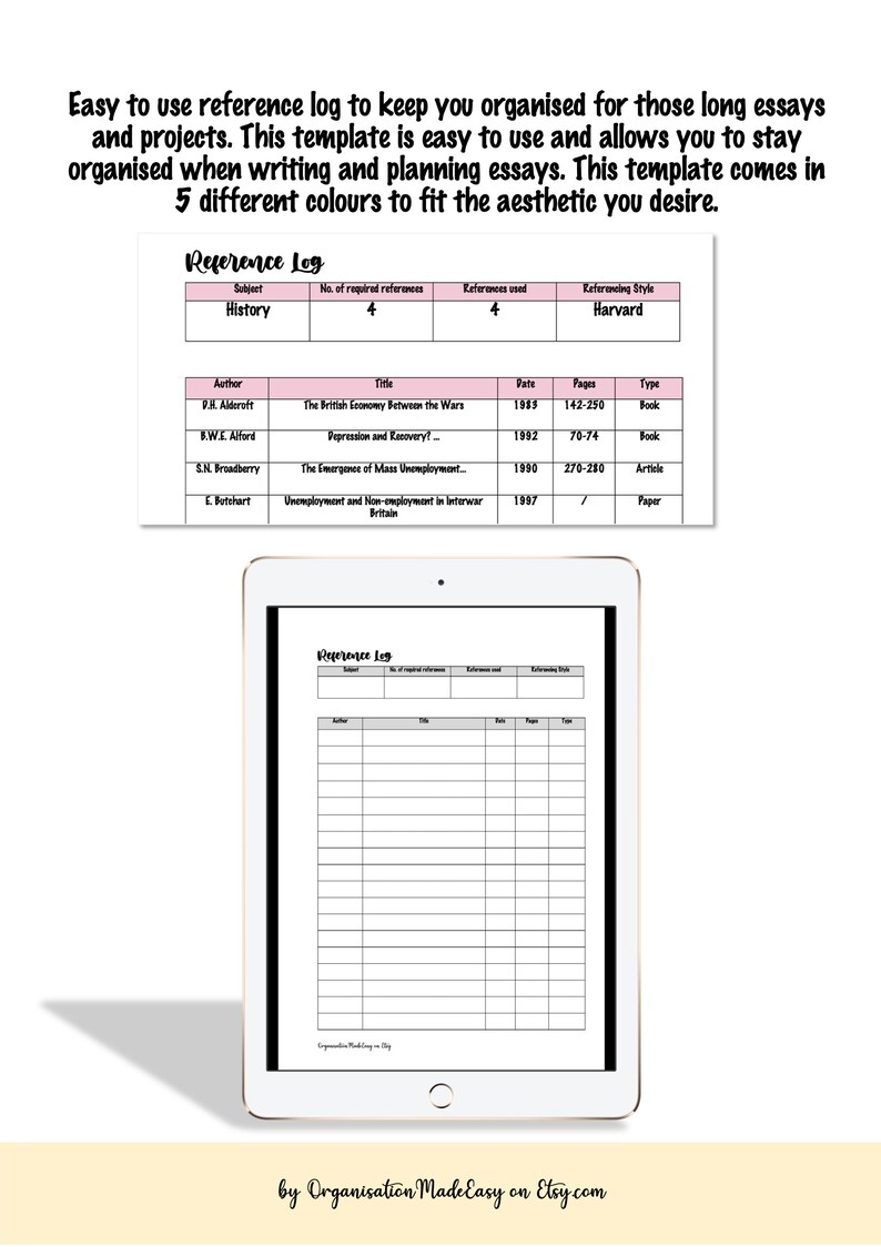 Reference Log/planner | Digital | Printable | Essay/dissertation ...