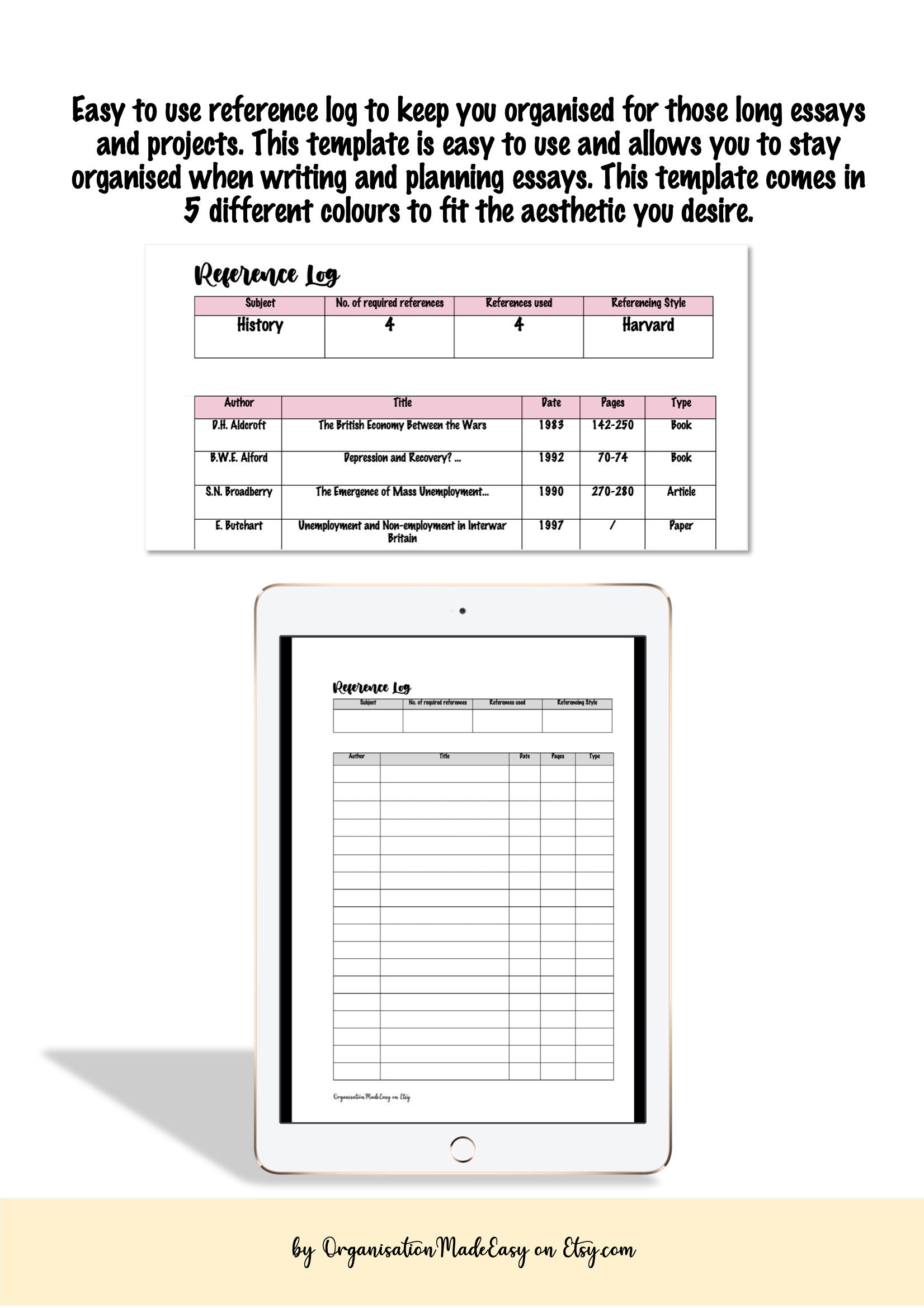 Reference Log/planner | Digital | Printable | Essay/dissertation ...
