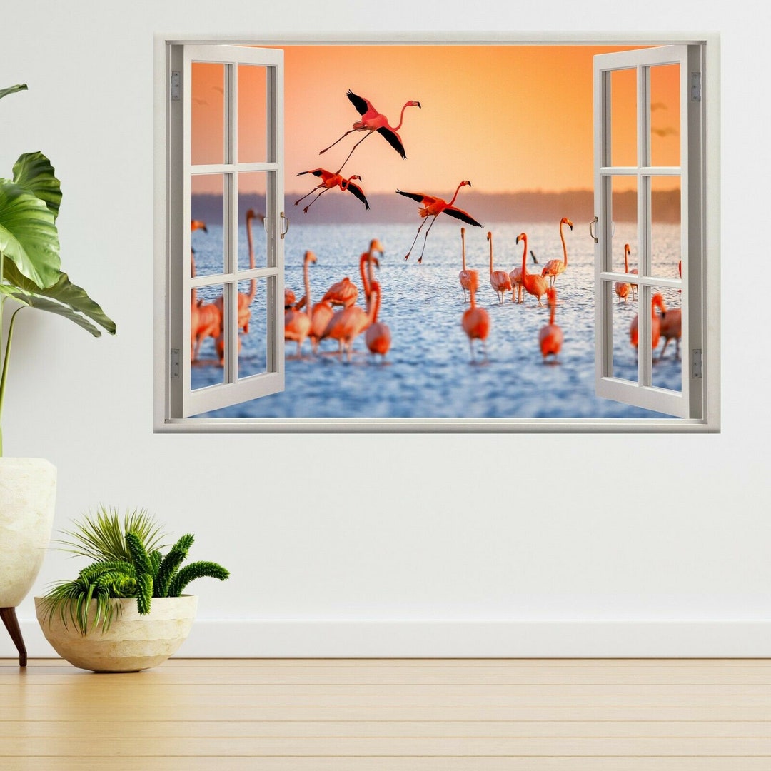 Pink Flamingos in Sun Natural 3d Window View Wall Sticker Poster Decal ...