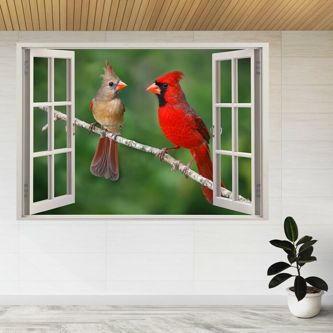 Birds Cardinals Parrots Branch 3d Window View Wall Sticker Poster Decal ...