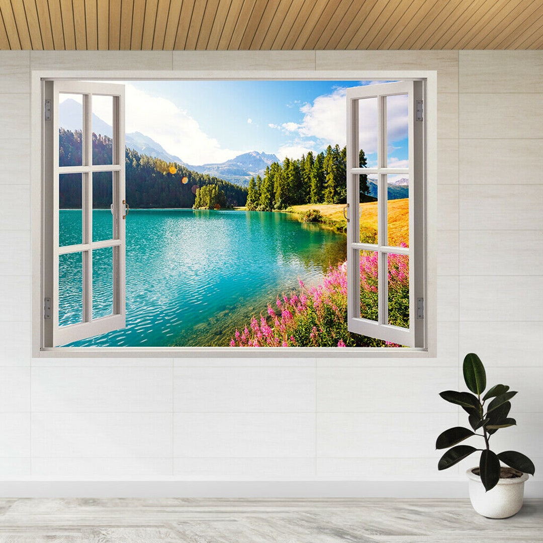 Azure Nature Lake Mountain Window View Wall Sticker Poster Decal A839 ...