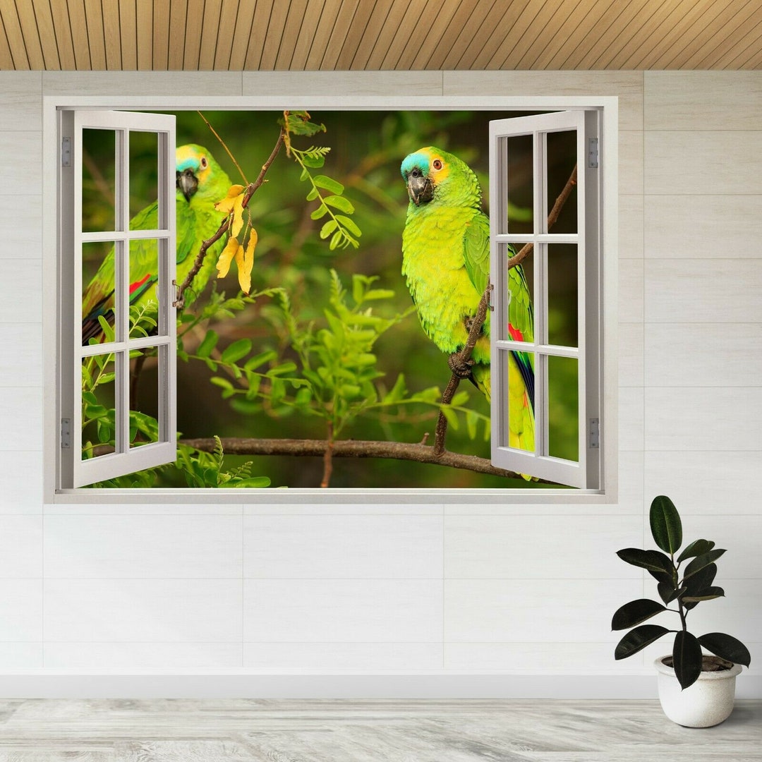 Portrait Two Green Parrots Nature 3d Window View Wall Sticker Poster ...