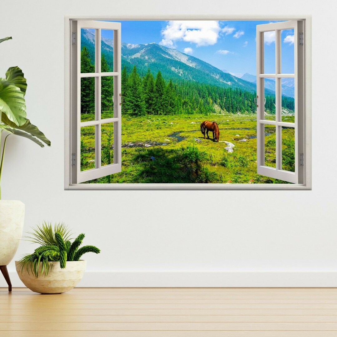 Horse in Grass Fields Mountains 3d Window View Wall Sticker Poster ...