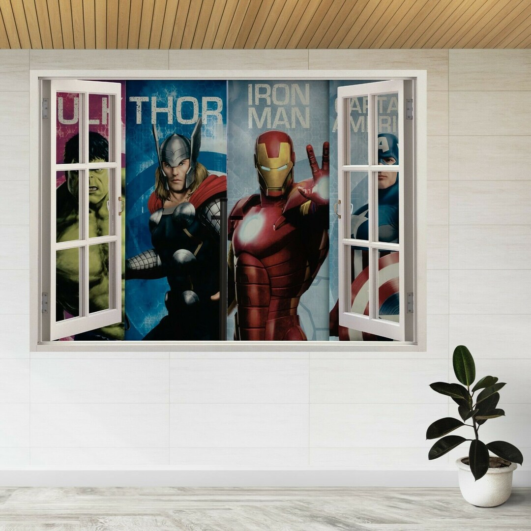 Hulk Iron Man & Captain America 3d Window View Wall Sticker Poster ...