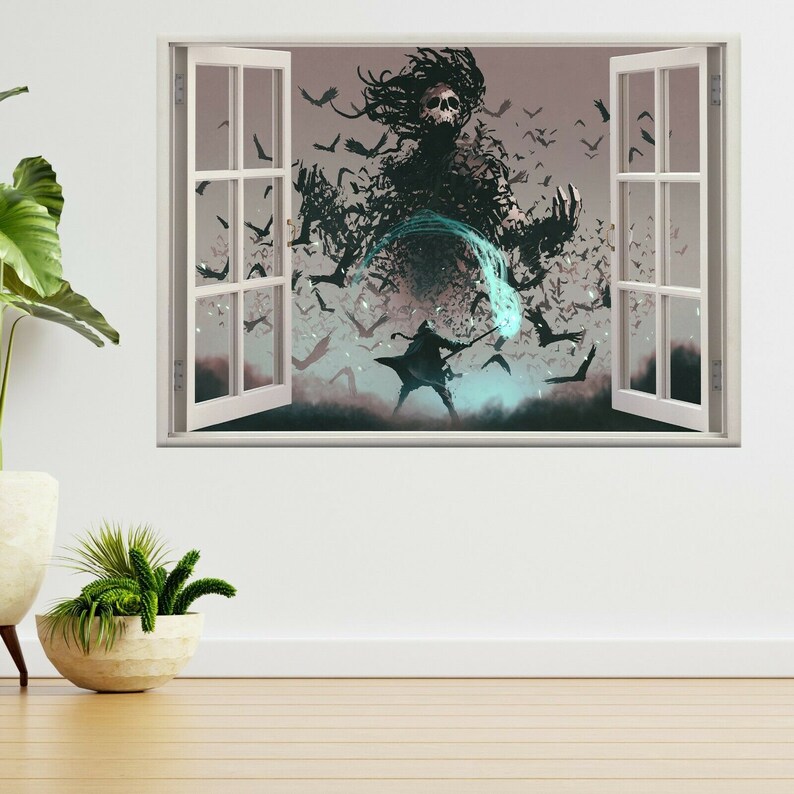Fight Scene Magic Wizard & Crows 3d Window View Wall Sticker Poster ...