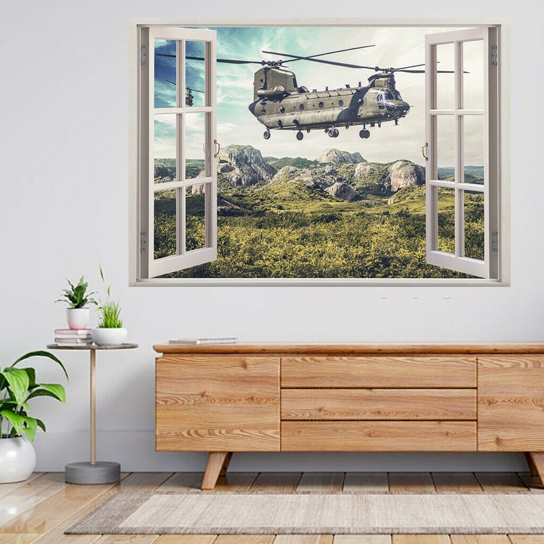 Helicopter Twin Military USA Army 3d Window View Wall Sticker Poster ...
