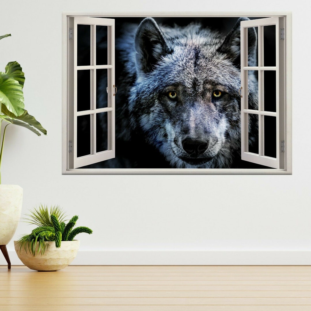 Animal Dangerous Wolf Moon Night 3d Window View Wall Sticker Poster ...