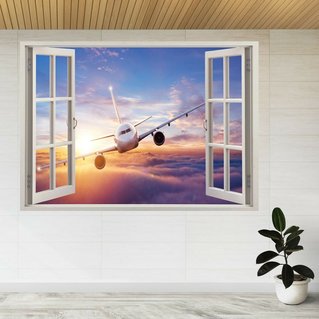 Airplane Clouds Flying Sky Air 3d Window View Wall Sticker Poster Decal ...