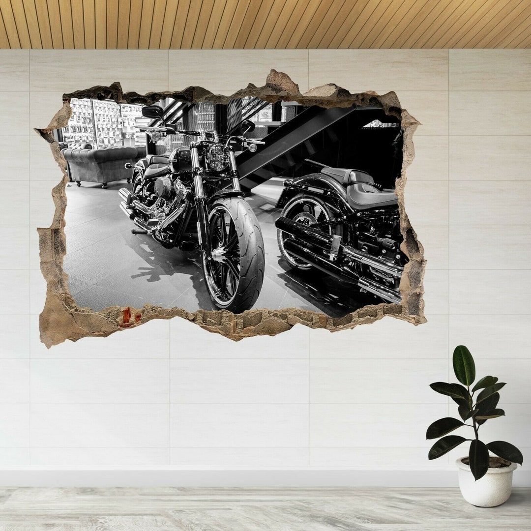 Motorcycle Bike Showroom Harley 3d Smashed View Wall Sticker Poster ...