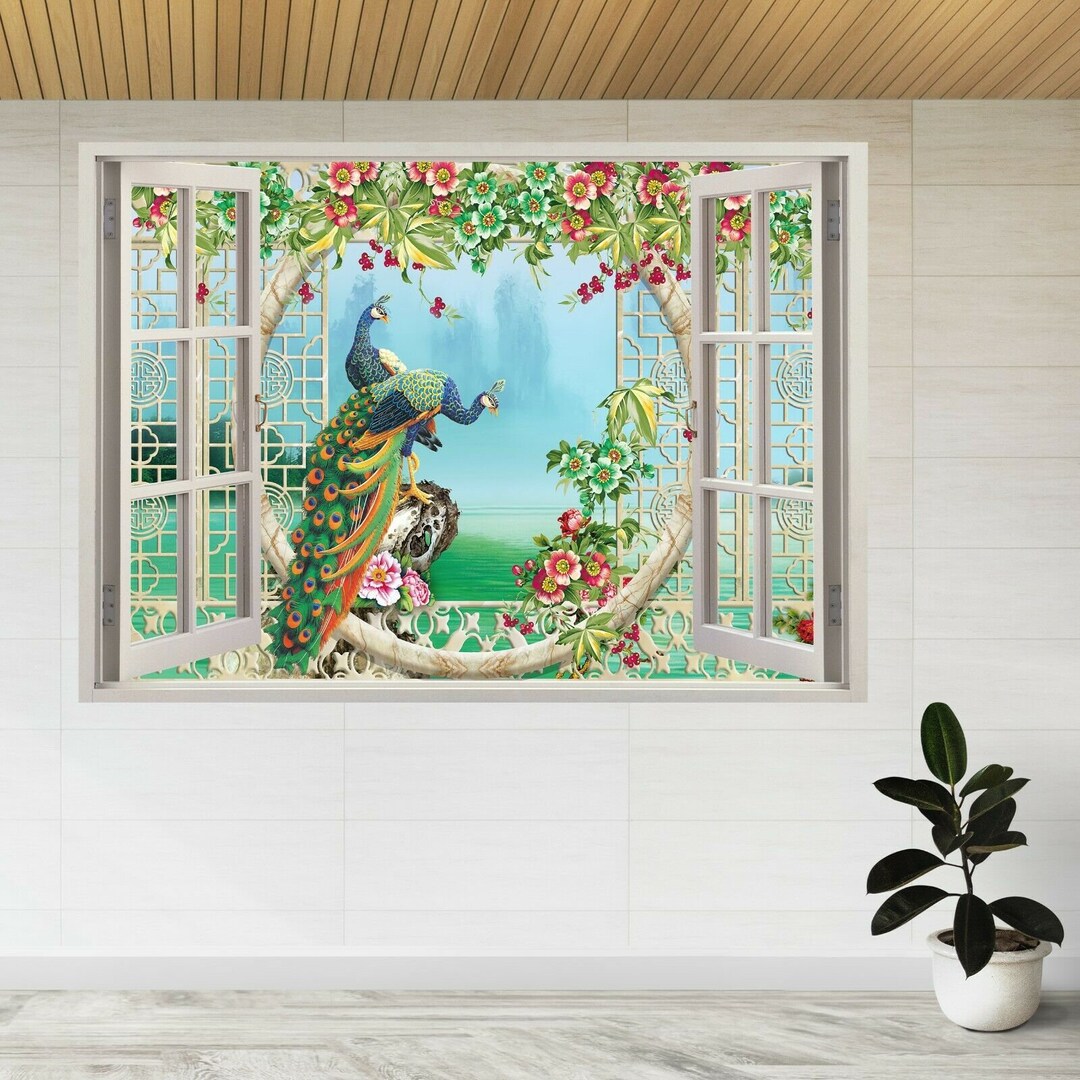 2 Peacock Floral Amazing 3d Window View Wall Sticker Poster Decal A353 ...
