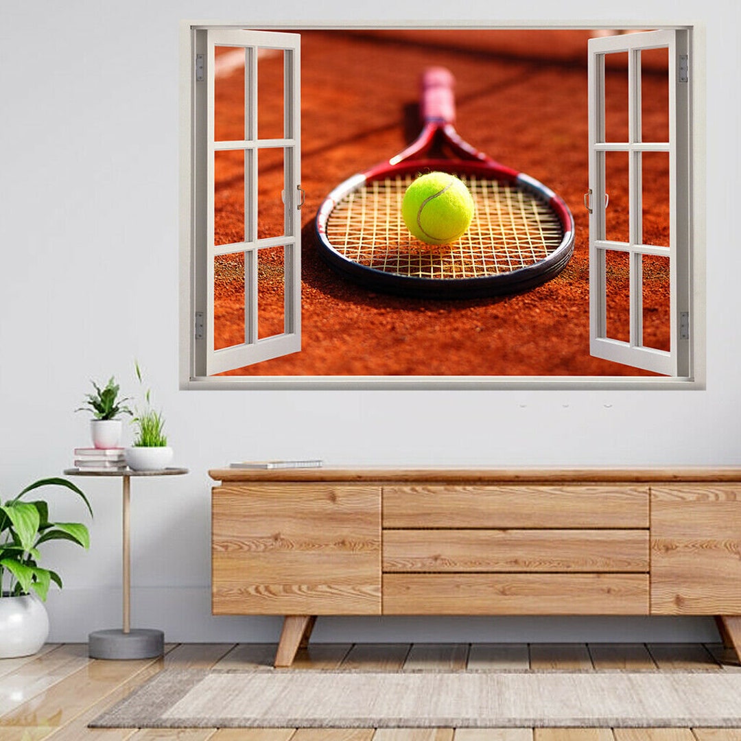 Tennis Ball and Racket on Court 3d Window View Wall Sticker Poster ...
