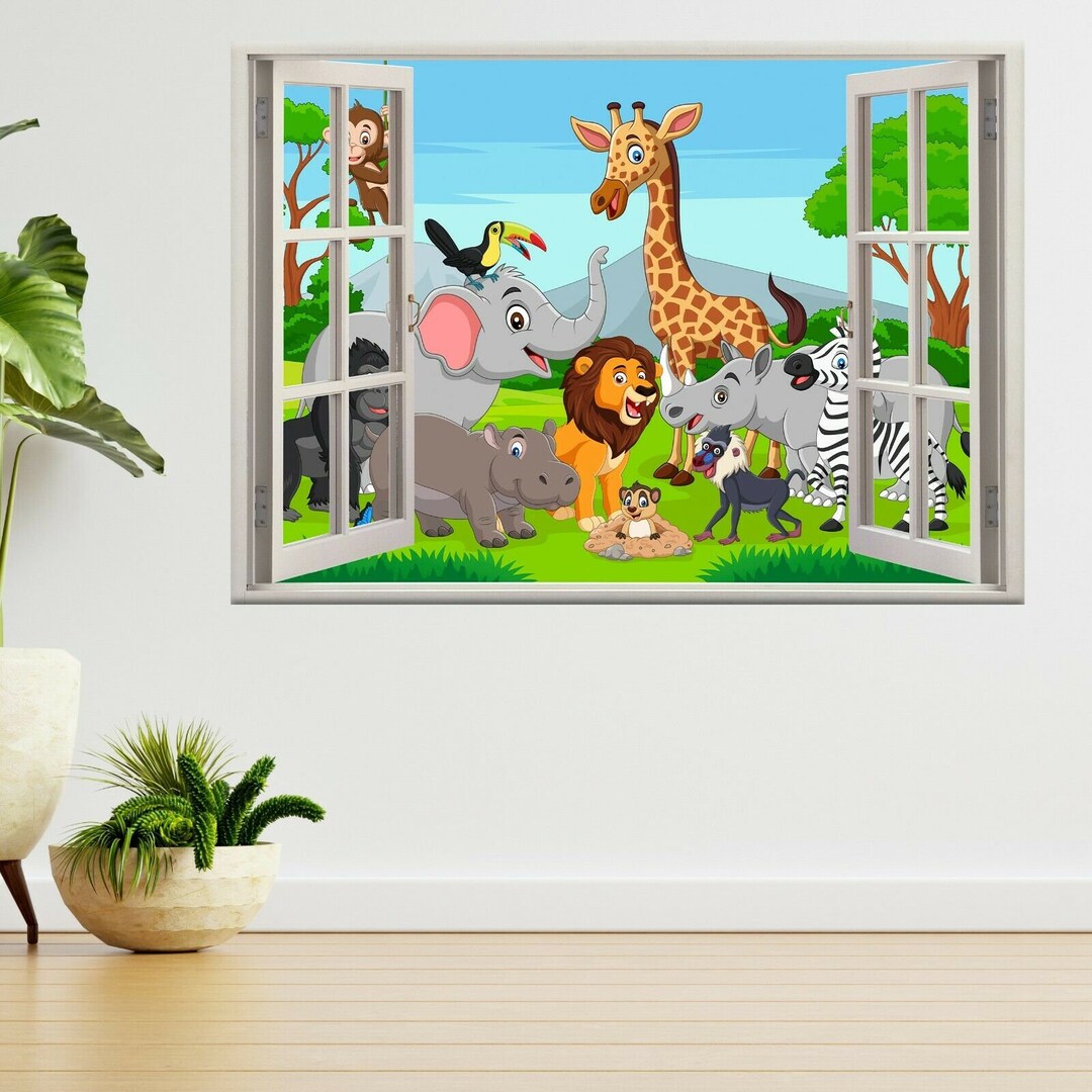 Cartoon Wild Animals in Jungle 3d Window View Wall Sticker Poster Decal ...