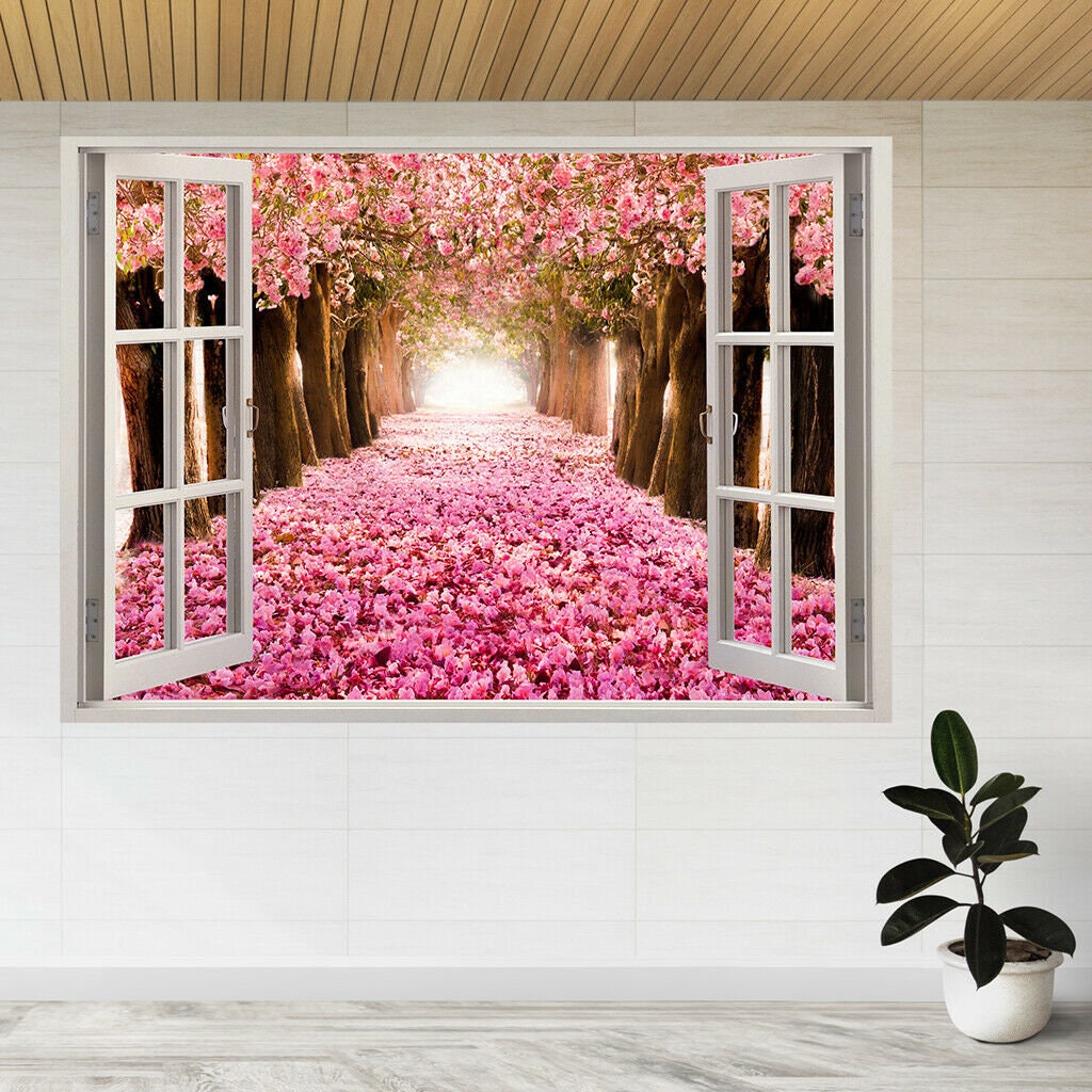 The Tunnel of Pink Flower Trees 3d Window View Wall Sticker Poster ...